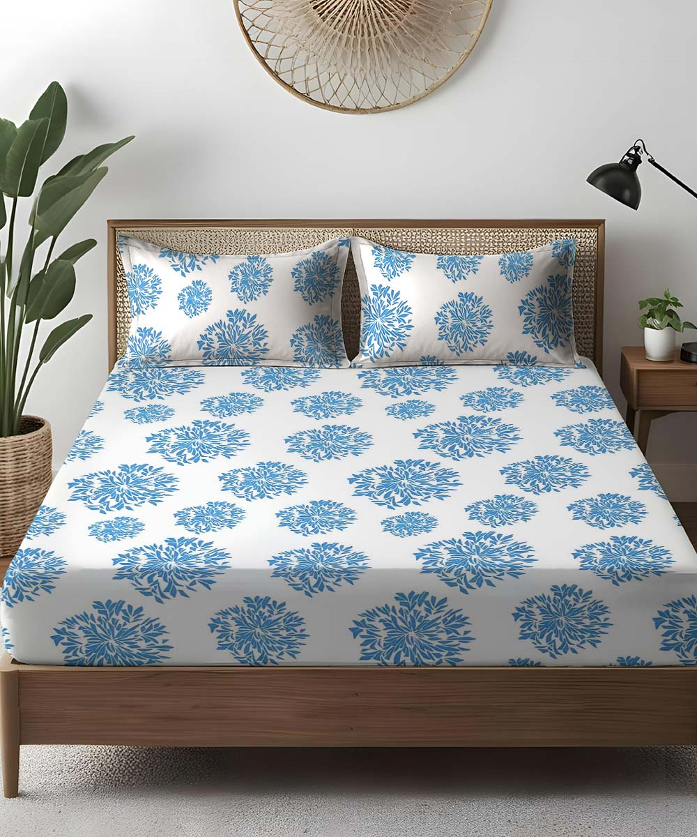 Aqua Burst Floral Super King Fitted Bedsheet With 2 Pillow Covers ...